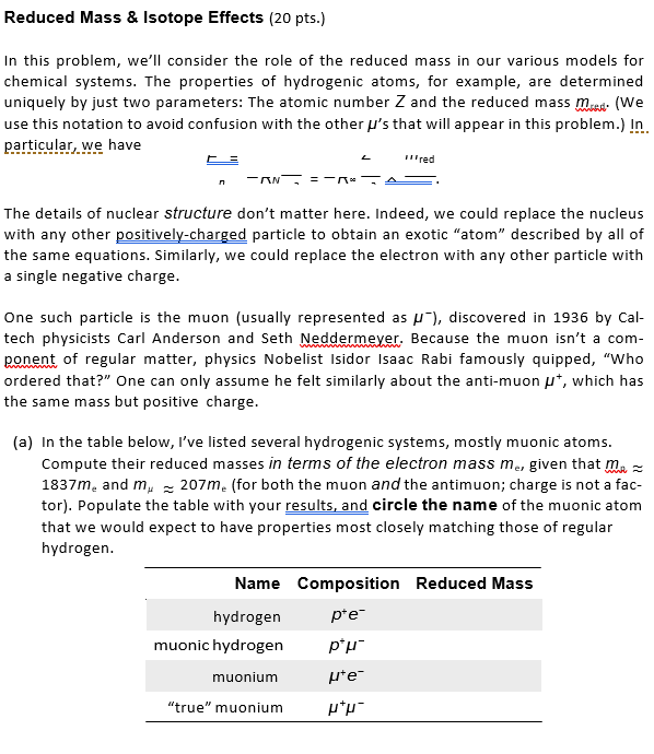 Reduced Mass & Isotope Effects (20 pts.) In this | Chegg.com