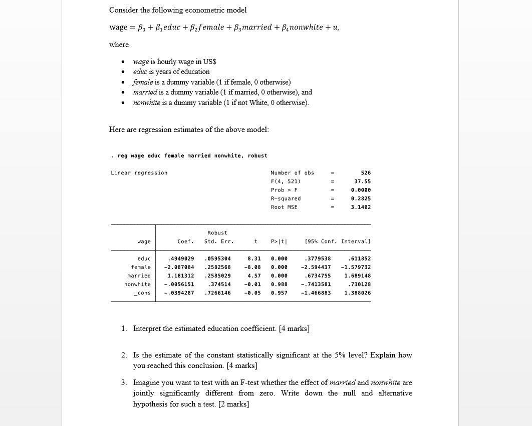 Consider the following econometric model wage =β0+β1 | Chegg.com
