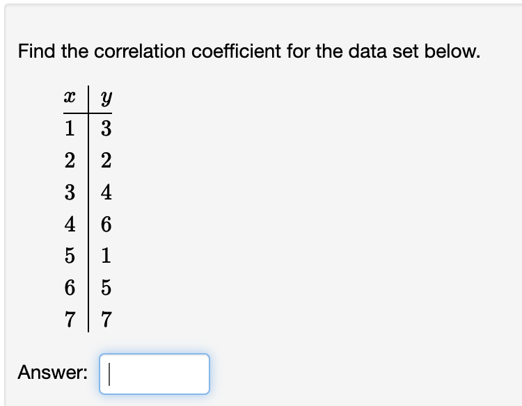 Solved Find the correlation coefficient for the data set | Chegg.com