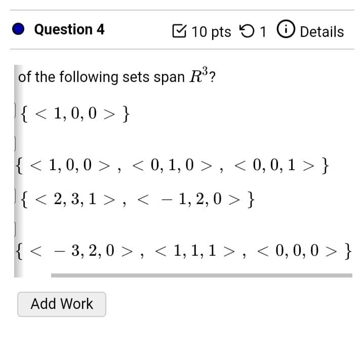 Solved of the following sets spanR3 ? { } | Chegg.com