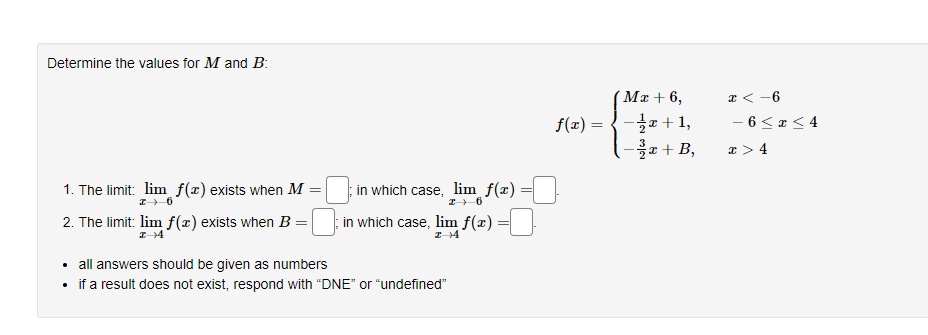 Solved Determine the values for M and B: f()= Mr+6, -12 +1, | Chegg.com