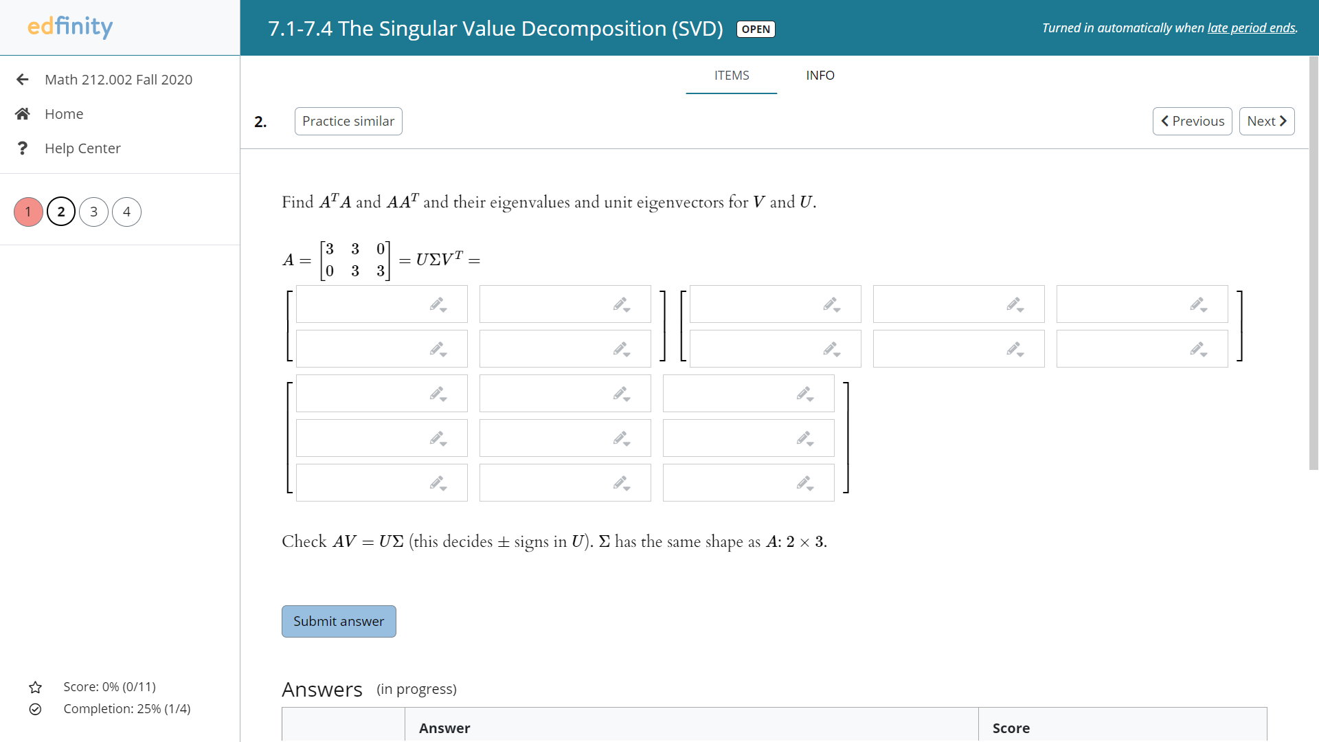 Solved edfinity 7.1-7.4 The Singular Value Decomposition | Chegg.com