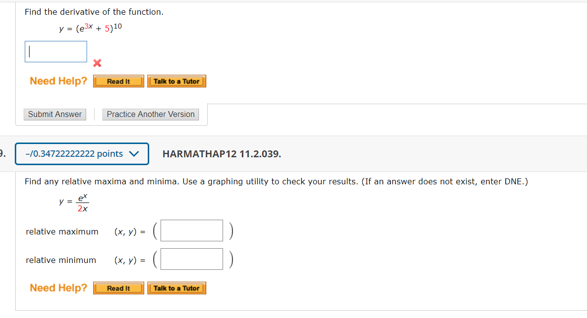 Solved Find the derivative of the function. y = (e3x + 5) 10 | Chegg.com