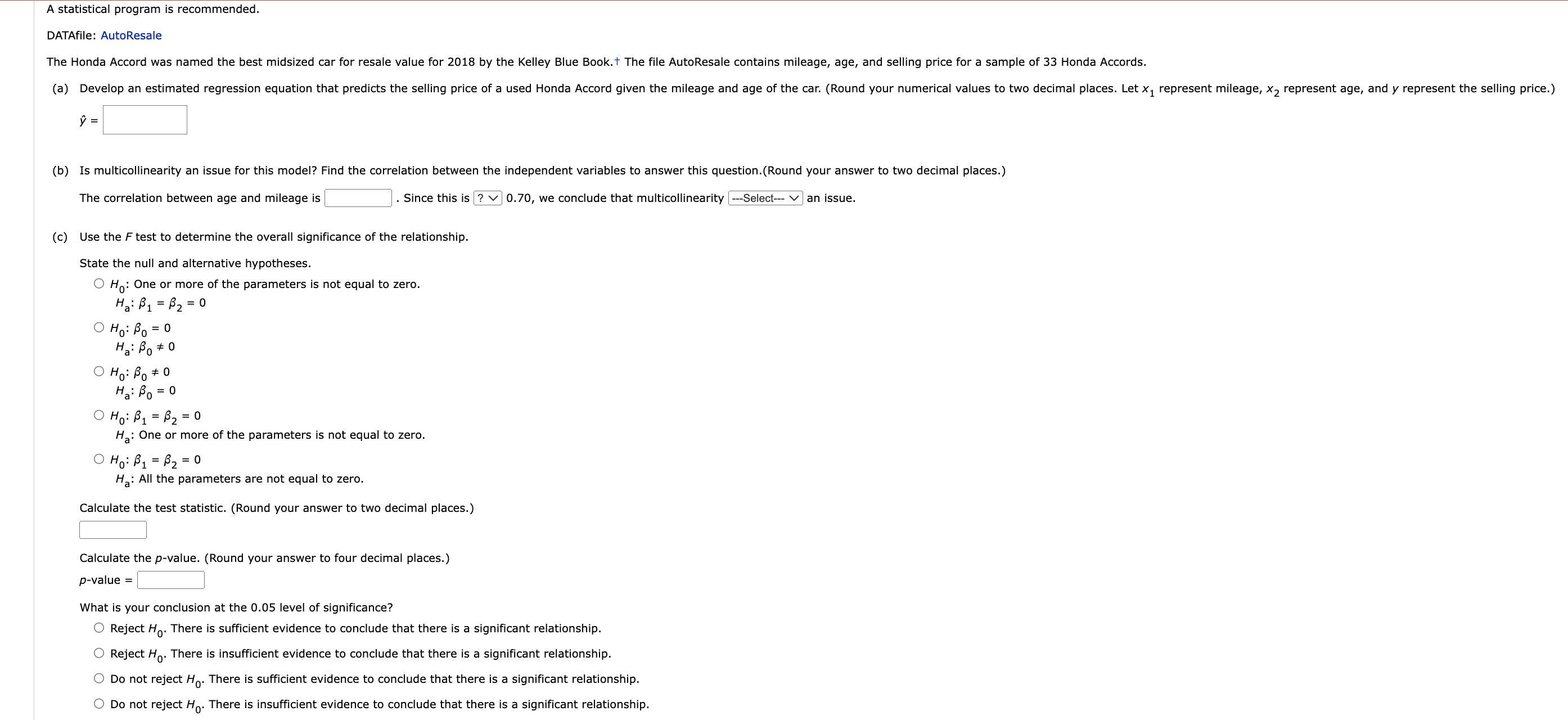 Solved DATAfile: AutoResale y^= (b) Is multicollinearity an | Chegg.com