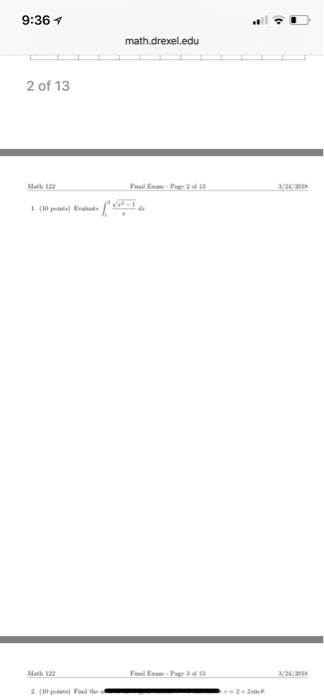 Solved 9:36? math.drexel.edu 2 of 13 Math 822 Moth 122 | Chegg.com