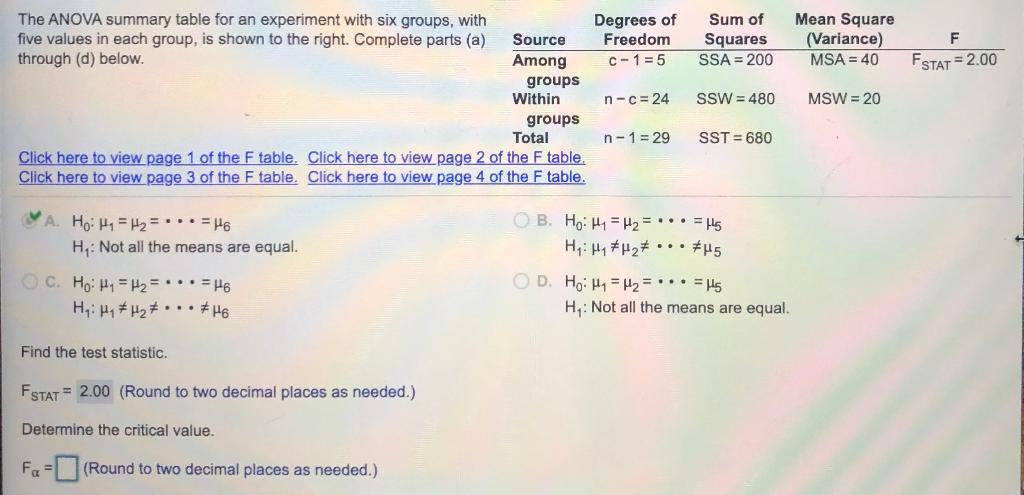 Solved Sum of Squares SSA = 200 Mean Square (Variance) MSA = | Chegg.com
