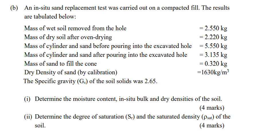 Solved (b) An in-situ sand replacement test was carried out | Chegg.com