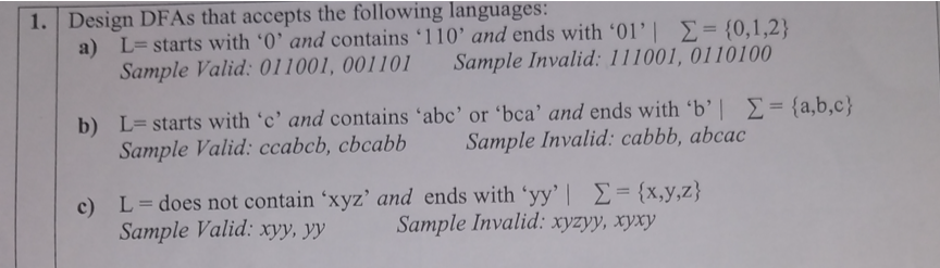 Solved 1. Design DFAs that accepts the following languages: | Chegg.com