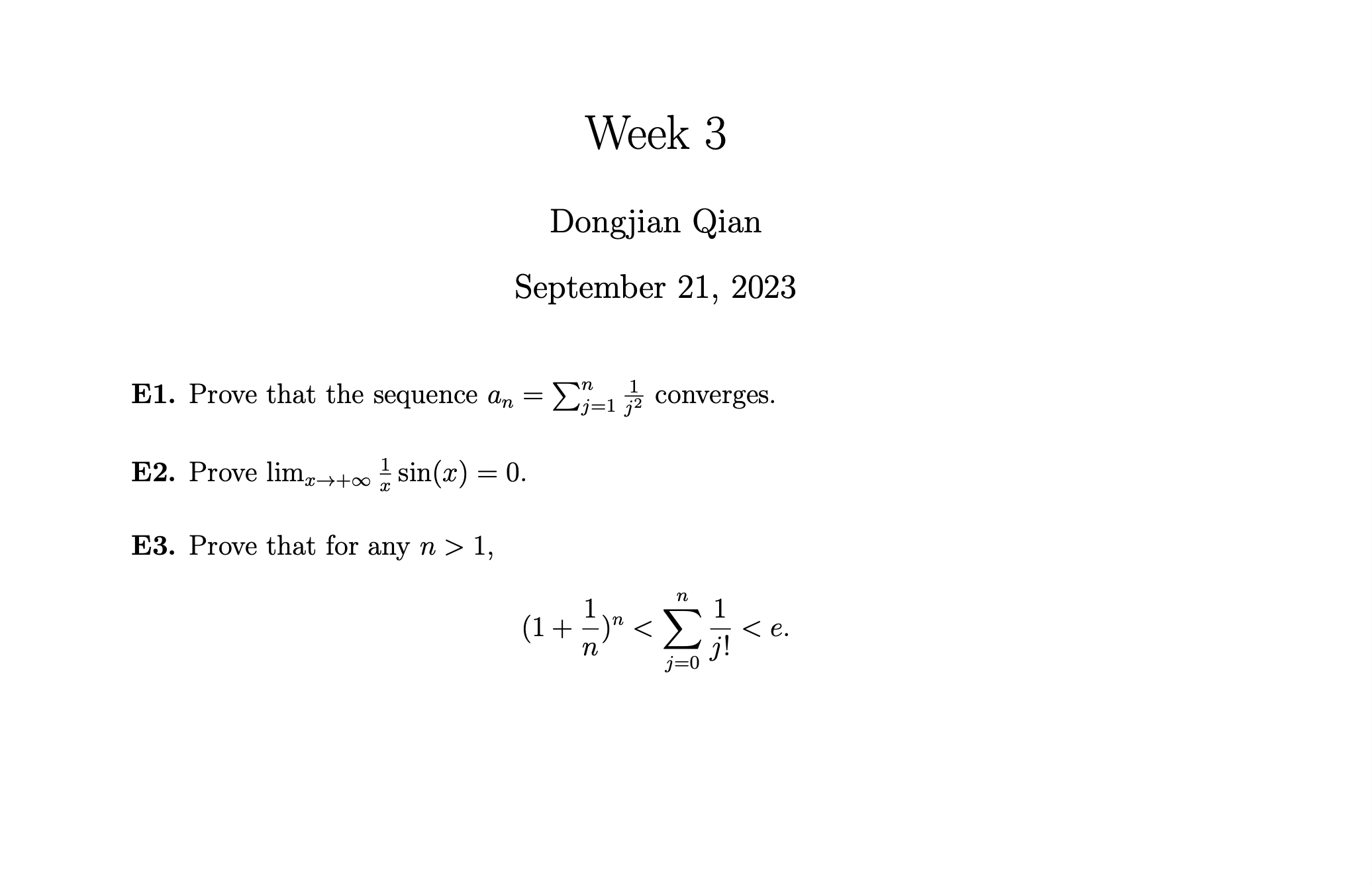 Solved E1. Prove that the sequence an=∑j=1nj21 converges. | Chegg.com