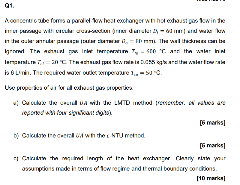 Solved A concentric tube forms a parallel-flow heat | Chegg.com