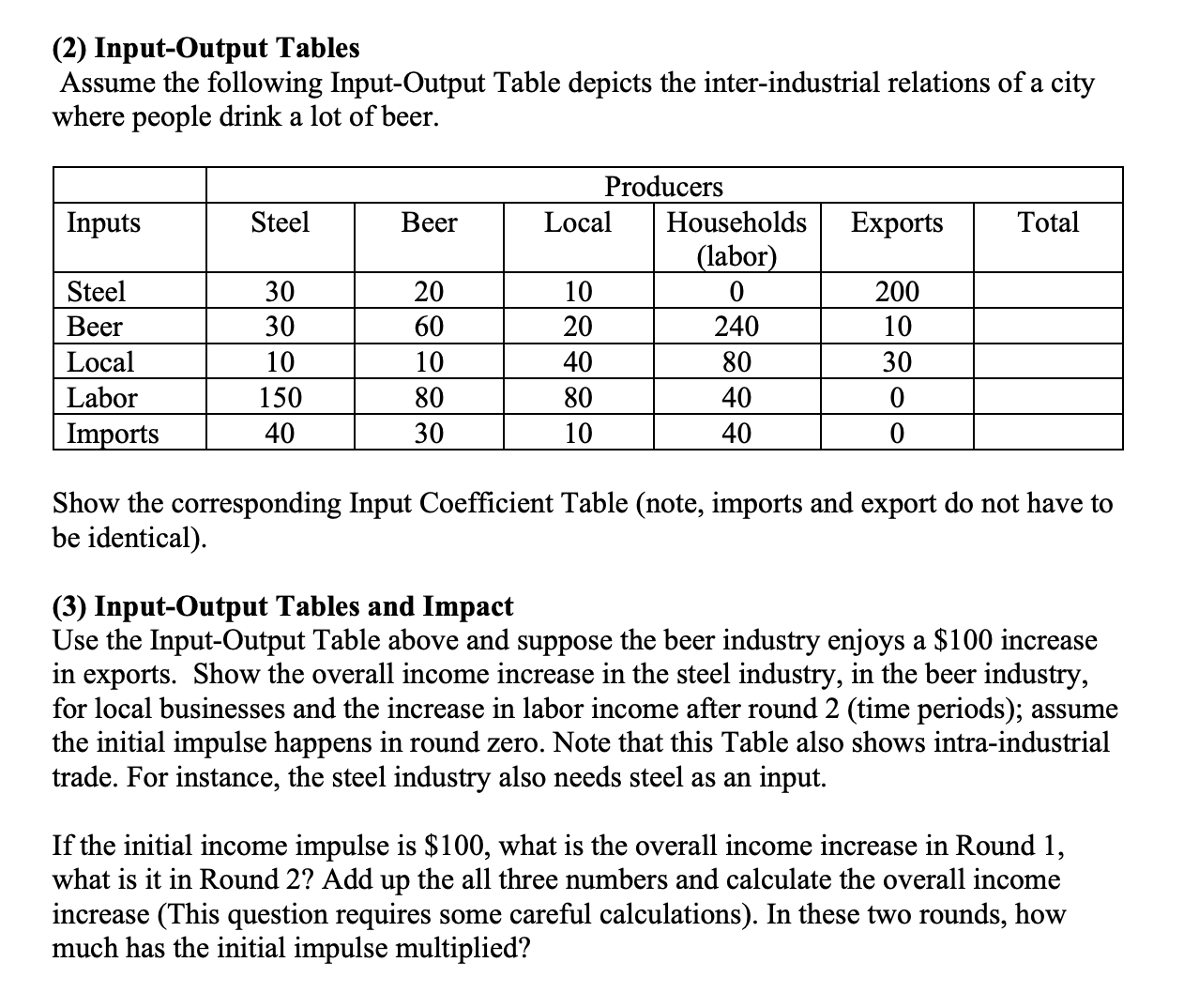Solved (2) Input-Output Tables Assume the following | Chegg.com
