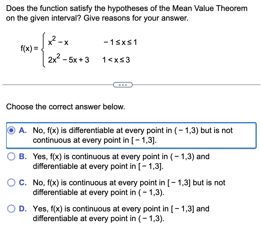 Solved Does the function satisfy the hypotheses of the Mean | Chegg.com