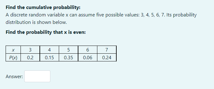 Solved Find the cumulative probability: A discrete random | Chegg.com