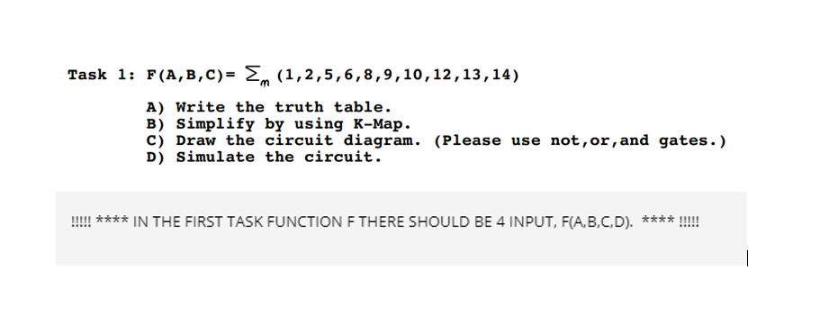 Solved Task 1: F(A,B,C)= Em (1,2,5,6,8,9,10,12,13,14) A) | Chegg.com