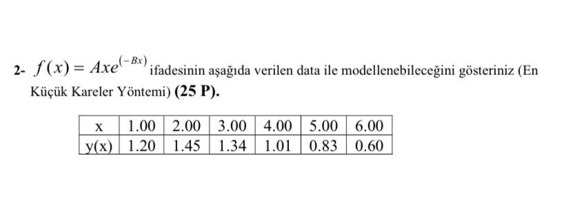 Solved 2- f(x)=Axe(-Bx) ﻿ifadesinin aşağıda verilen data ile | Chegg.com