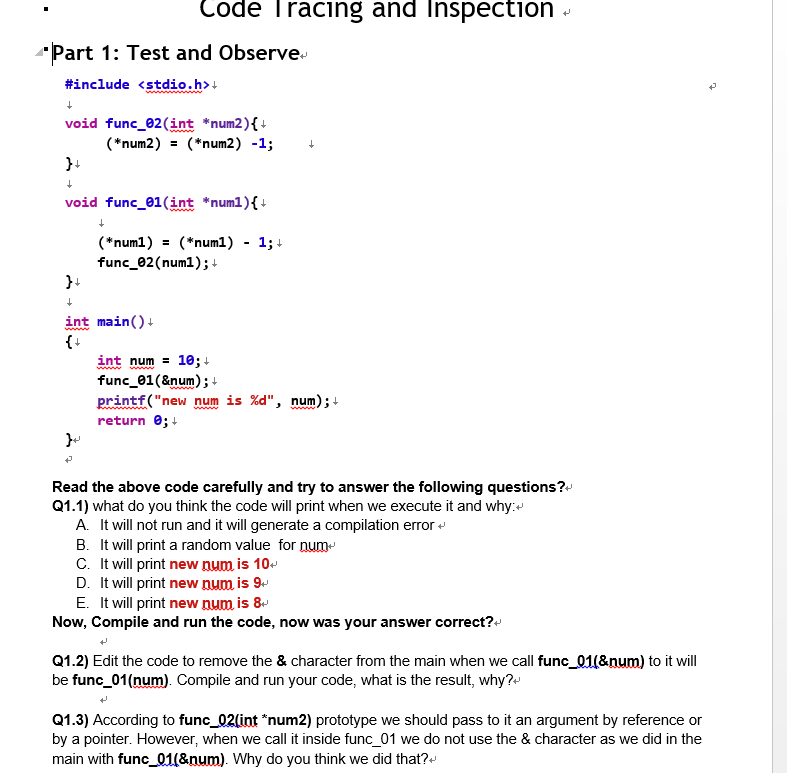 Solved Code Tracing and Inspection art 1: Test and Observe | Chegg.com