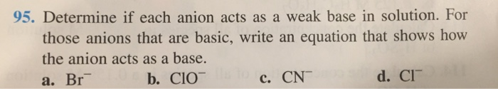 Solved 95. Determine if each anion acts as a weak base in | Chegg.com