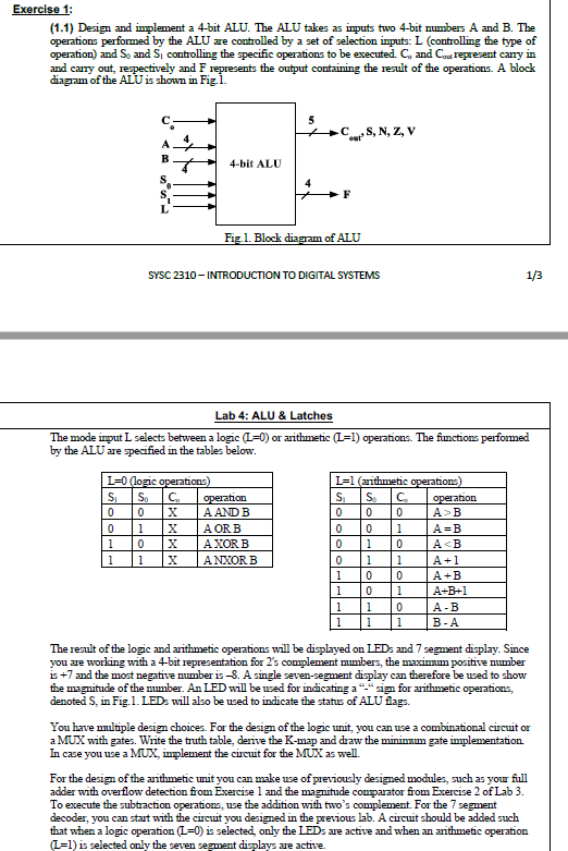 Exercise 1: (1.1) Design and implement a 4-bit ALU. | Chegg.com