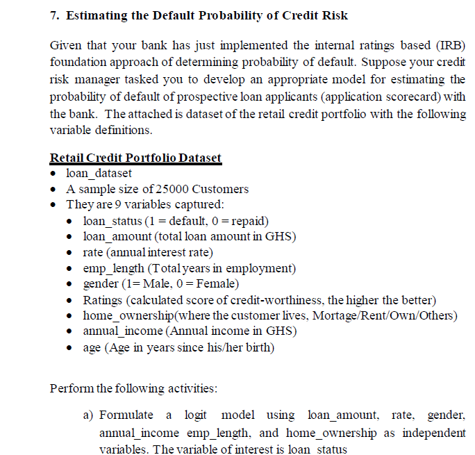Solved 7. Estimating the Default Probability of Credit Risk | Chegg.com