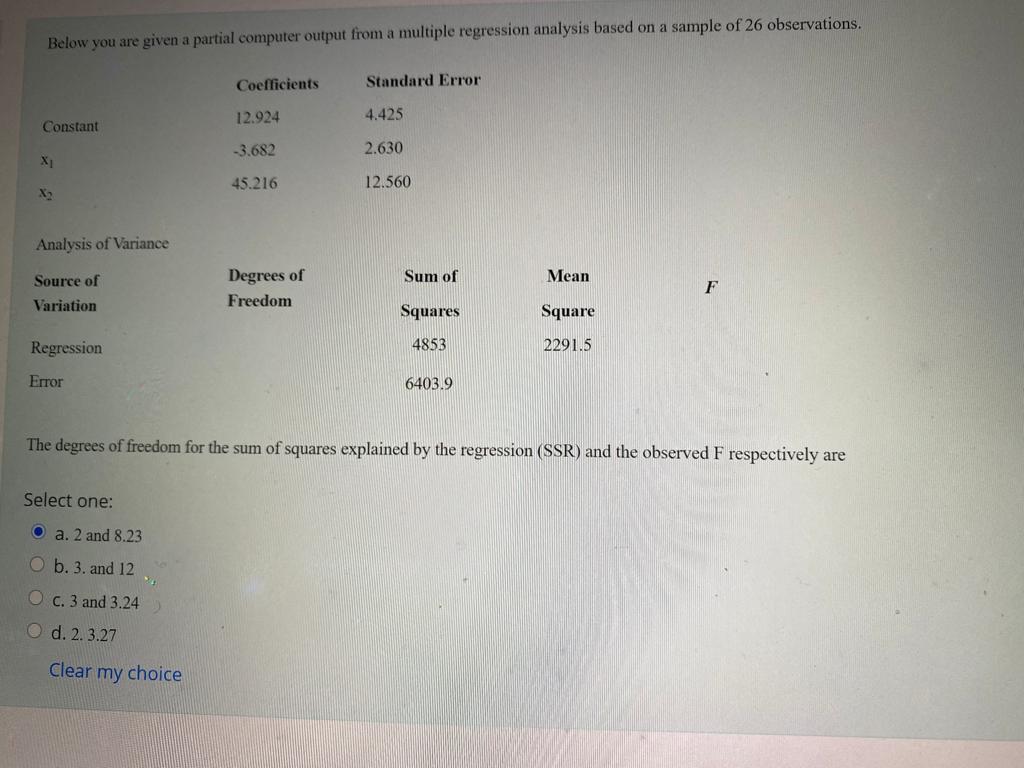 Solved Below you are given a partial computer output from a | Chegg.com