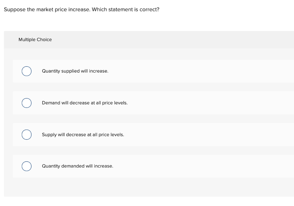 Solved Suppose the market price increase. Which statement is | Chegg.com