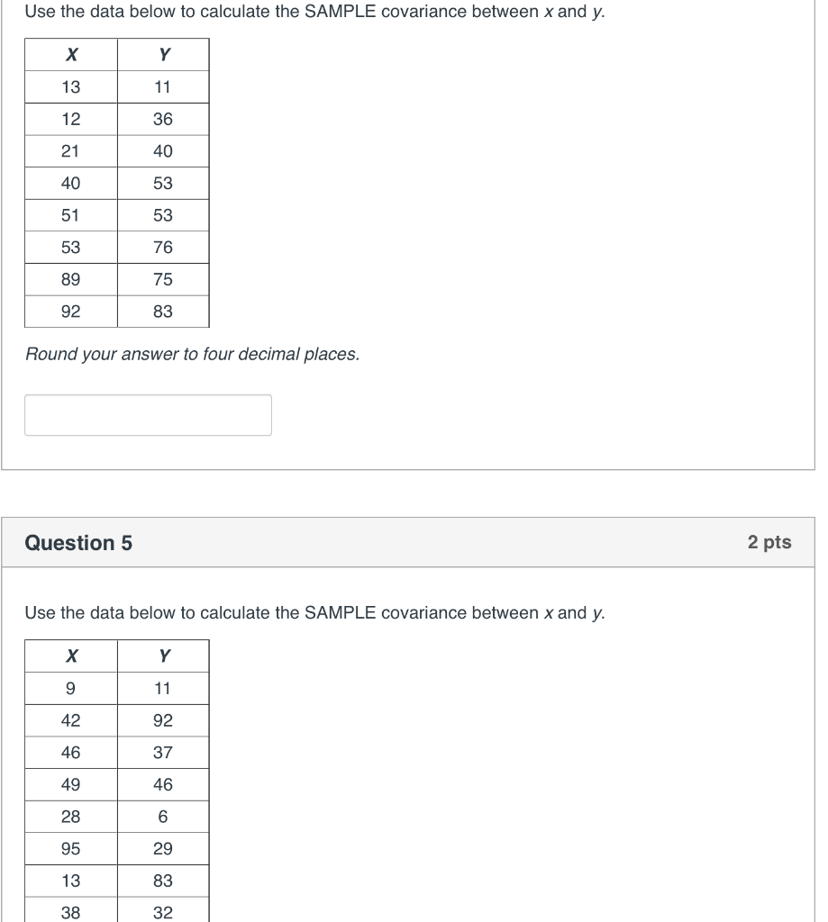 Solved Use the data below to calculate the SAMPLE covariance | Chegg.com