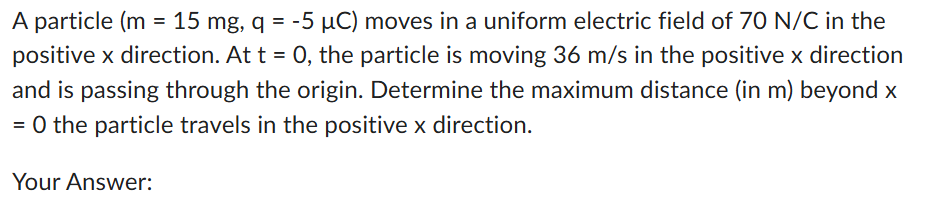 A particle (m=15mg,q=-5μC) ﻿moves in ﻿a uniform | Chegg.com