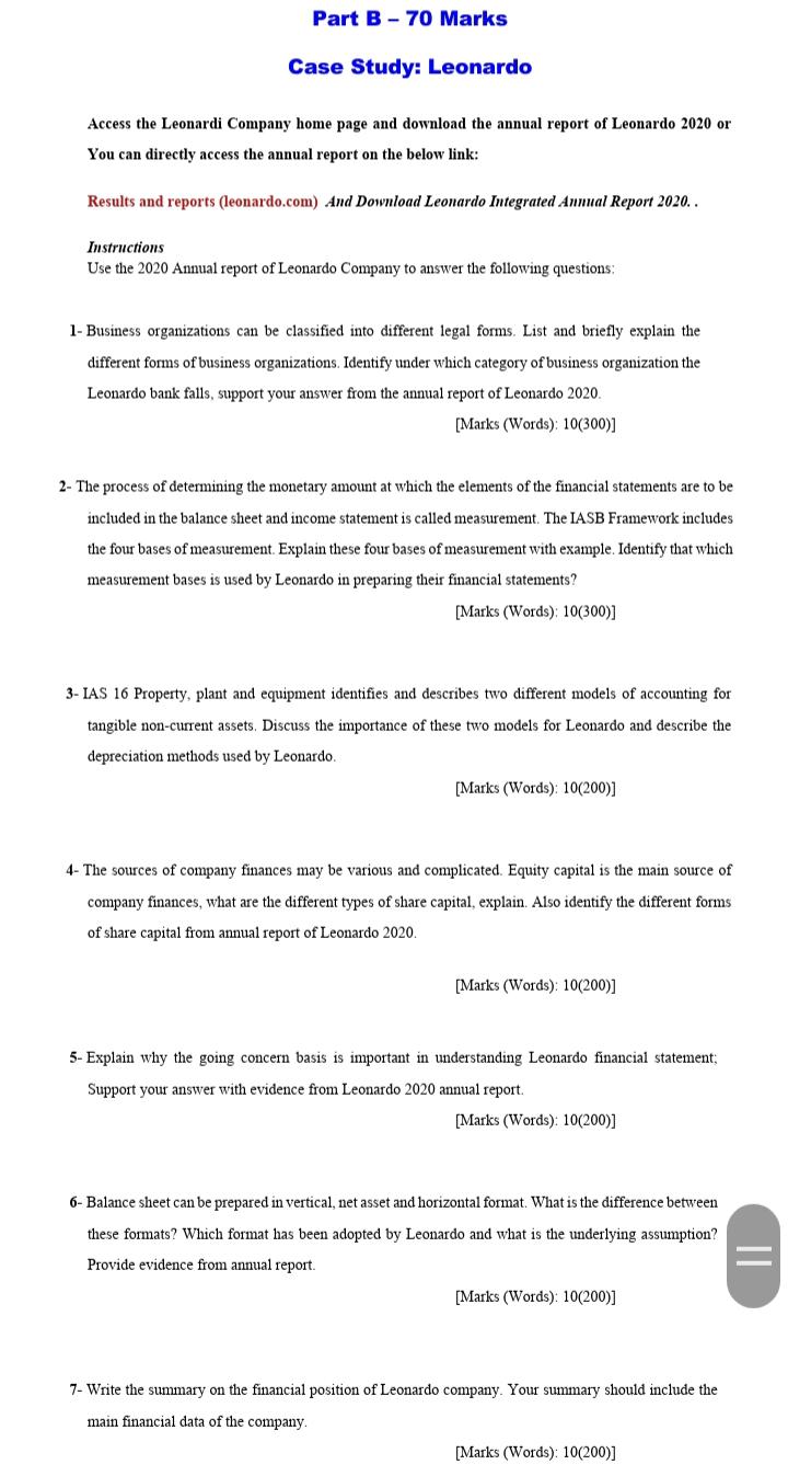 Part B - 70 Marks Case Study: Leonardo Access the | Chegg.com