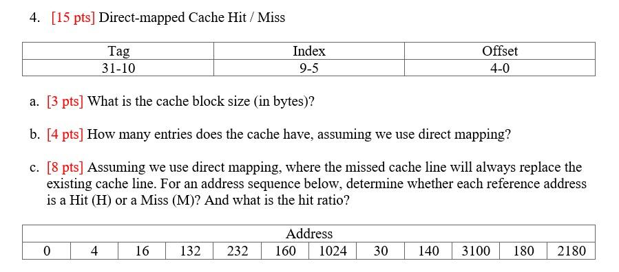 Solved 4. [15 pts] Direct-mapped Cache Hit / Miss Tag 31-10 | Chegg.com