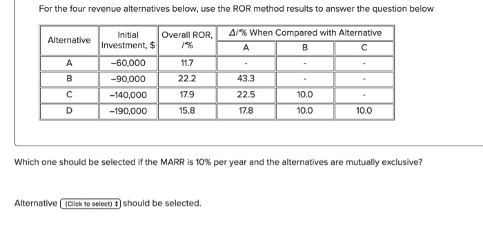 Solved For the four revenue alternatives below, use the ROR | Chegg.com