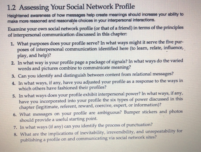 1.2 Assessing Your Social Network Profile make more | Chegg.com