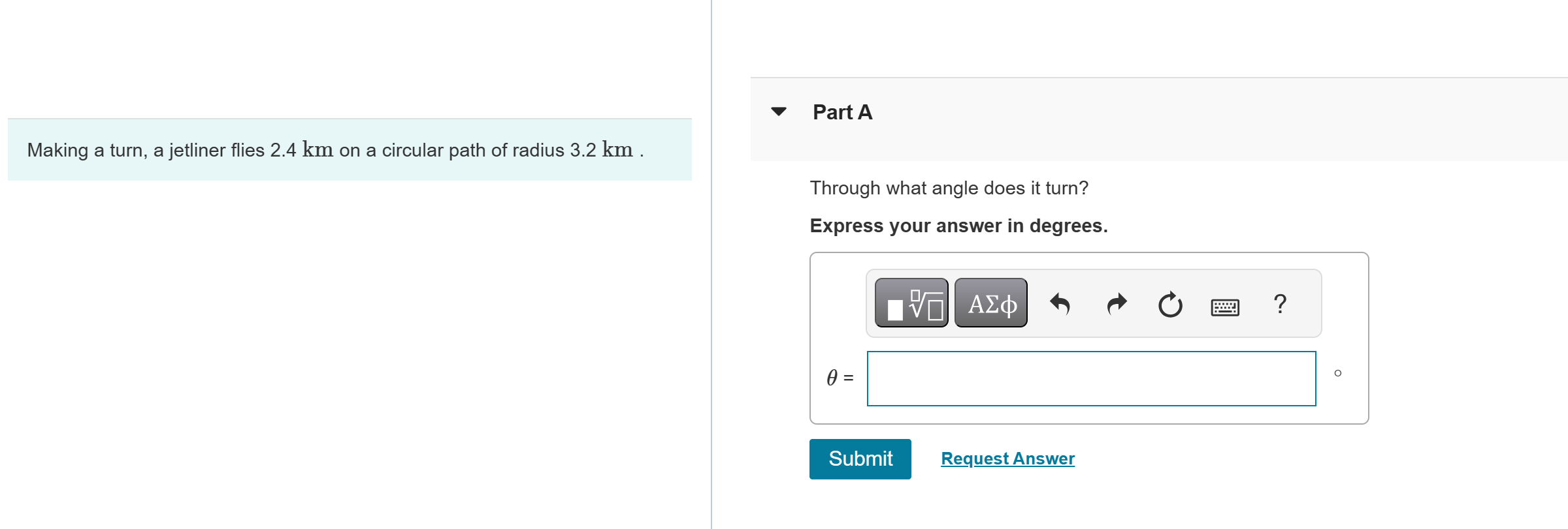Solved Making a turn, a jetliner flies 2.4 km on a circular | Chegg.com