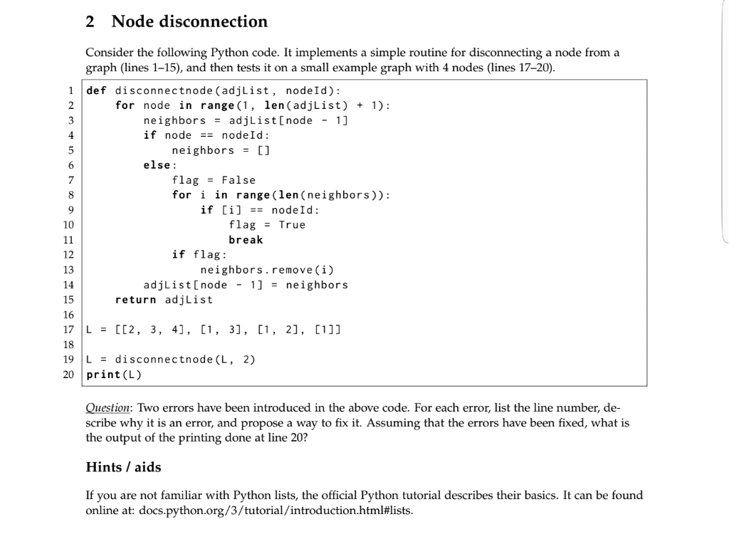 2 Node disconnection Consider the following Python | Chegg.com