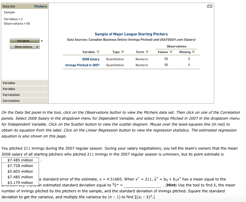 Data Set Pitchers Sample Variables - 2 Observations - | Chegg.com