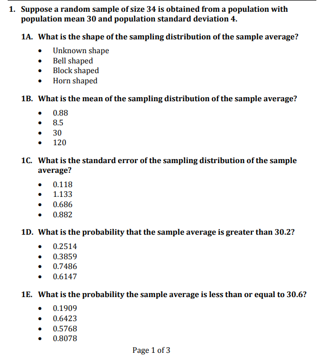 Solved 1. Suppose a random sample of size 34 is obtained | Chegg.com