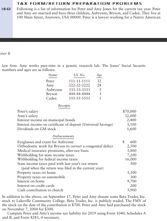 Solved 1:8-63 TAX FORM/RETURN PREPARATION PROBLEMS Following | Chegg.com