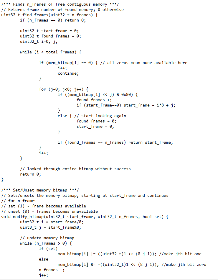 /∗∗∗ Finds n−frames of free contiguous memory ∗∗∗/ // | Chegg.com