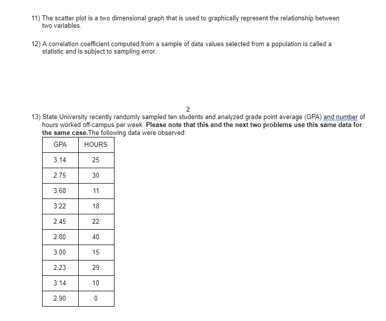 Solved 11) The scatter plot is a two dimensional graph that | Chegg.com