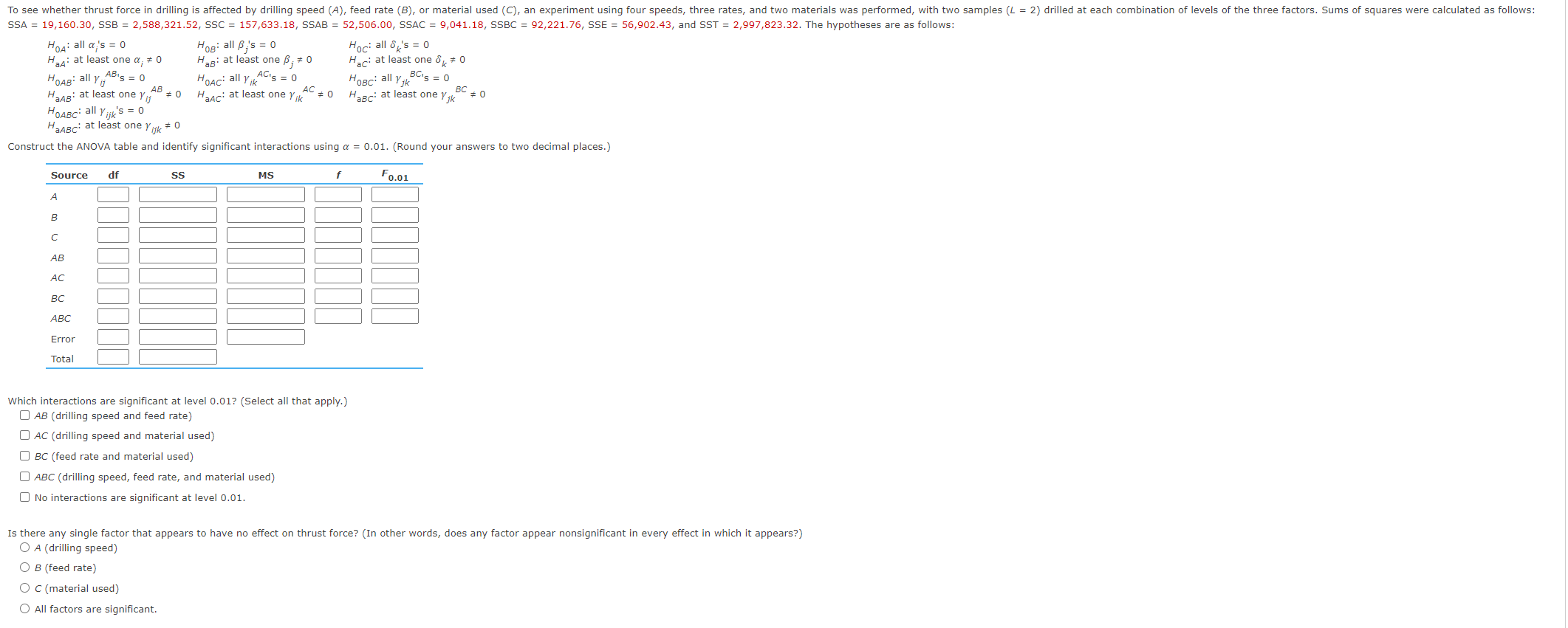 Solved HaABC: at least one γijk =0 Construct the ANOVA table | Chegg.com
