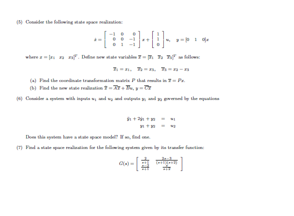Solved 5 Consider The Following State Space Realization