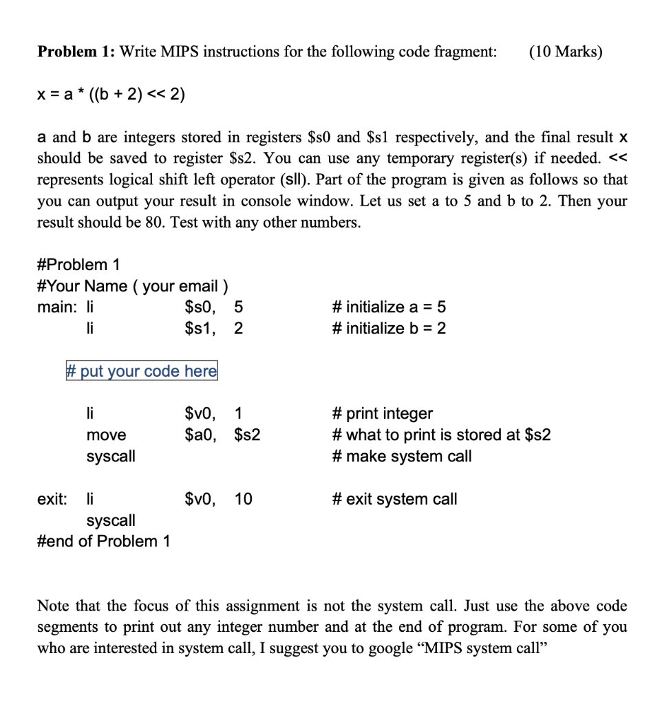 Solved Problem 1 Write Mips Instructions For The Following