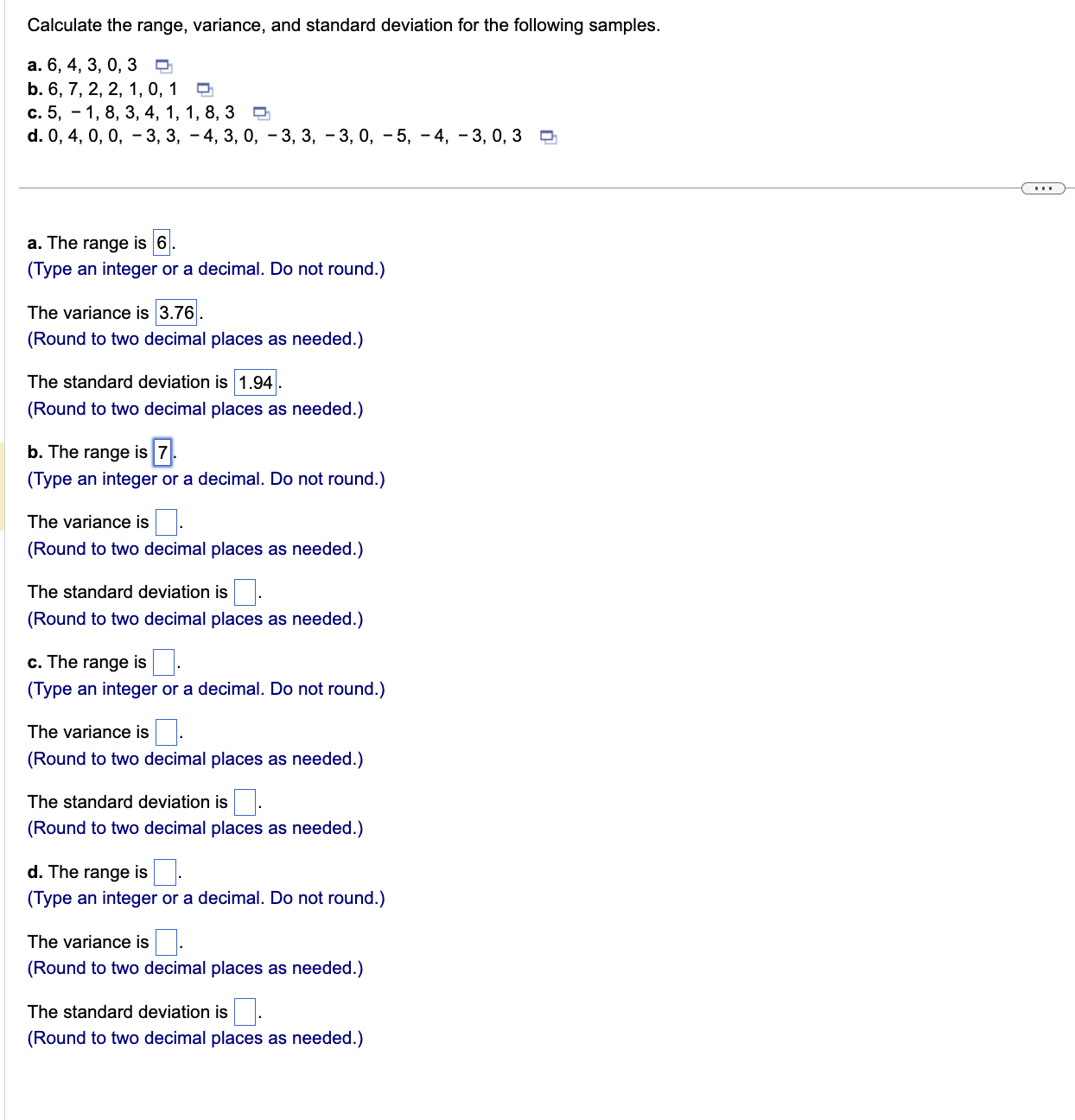 Solved Calculate the range, variance, and standard deviation | Chegg.com