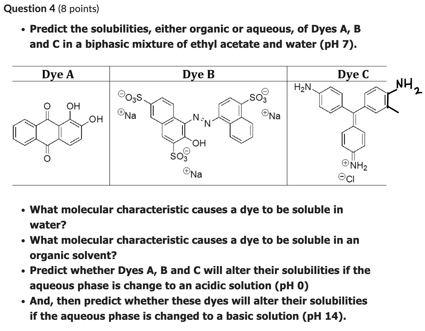 Solved Question 4 (8 points) - Predict the solubilities, | Chegg.com