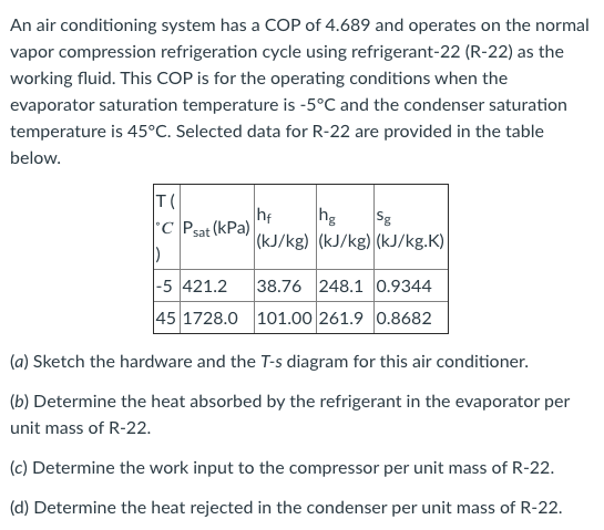 Solved An air conditioning system has a COP of 4.689 and | Chegg.com