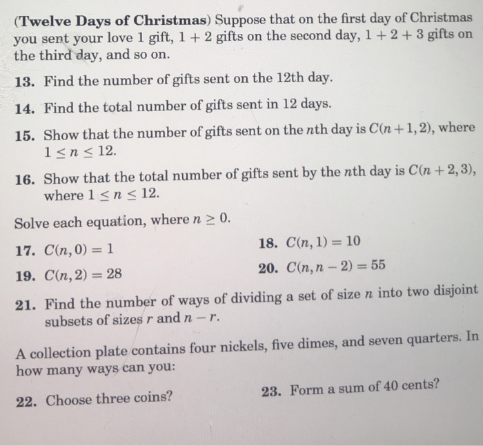 Solved (Twelve Days of Christmas) Suppose that on the first | Chegg.com