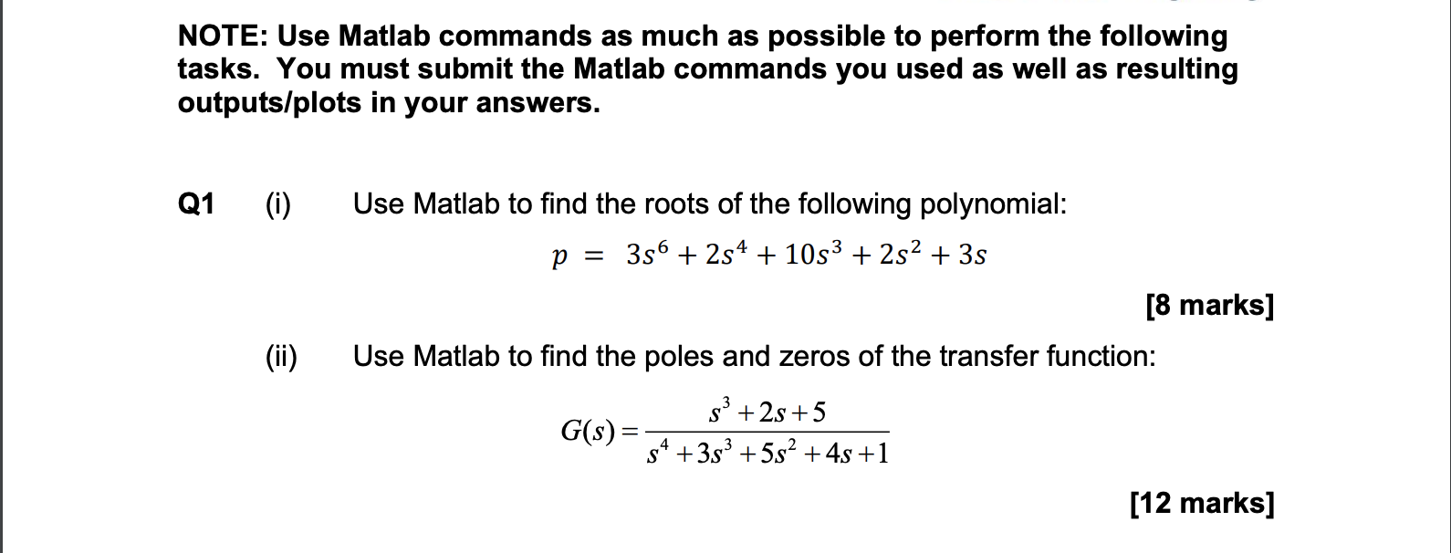 Solved NOTE: Use Matlab commands as much as possible to | Chegg.com
