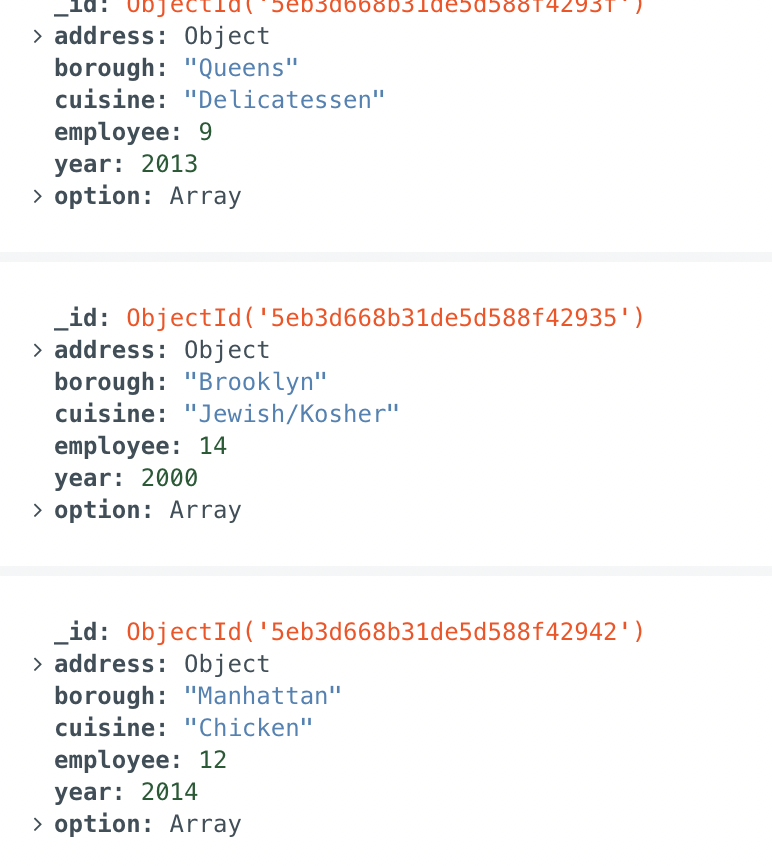 Solved > address: 0bject borough: "Queens" cuisine: | Chegg.com