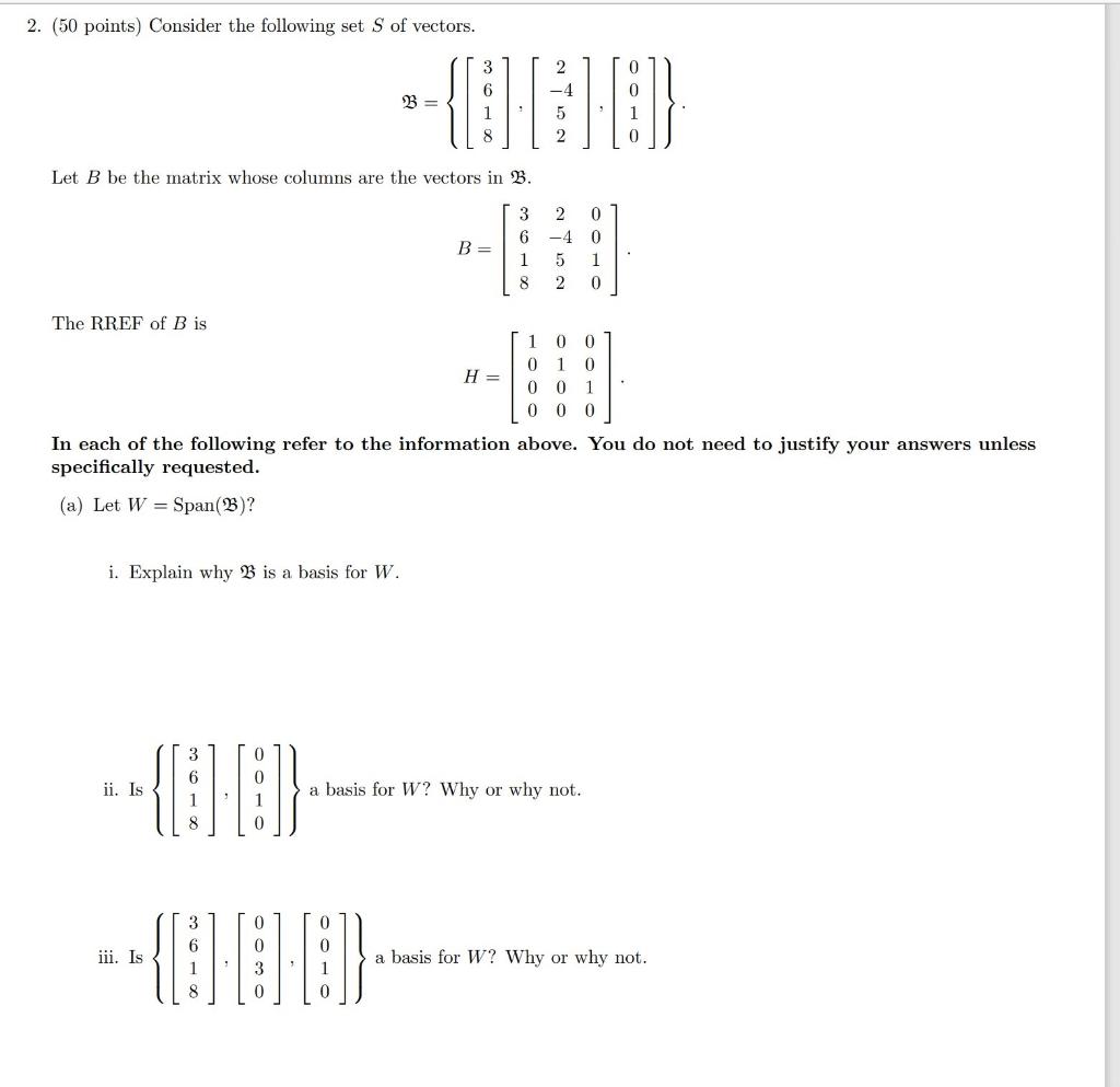 Solved 2. (50 points) Consider the following set S of | Chegg.com