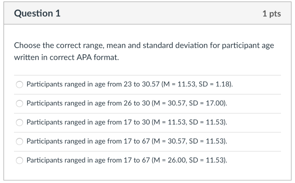 Solved Question 1 1 pts Choose the correct range, mean and | Chegg.com