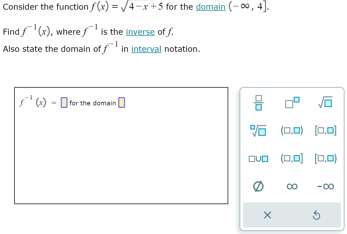 Solved Consider the function f(x)=4−x+5 for the domain | Chegg.com